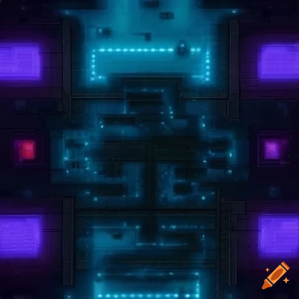 Pixelated RPG game map for sci-fi space adventure with neon ship ...