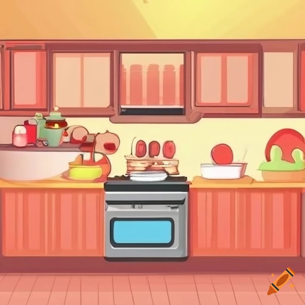 Cartoon kitchen with counters, stove, and fridge on Craiyon