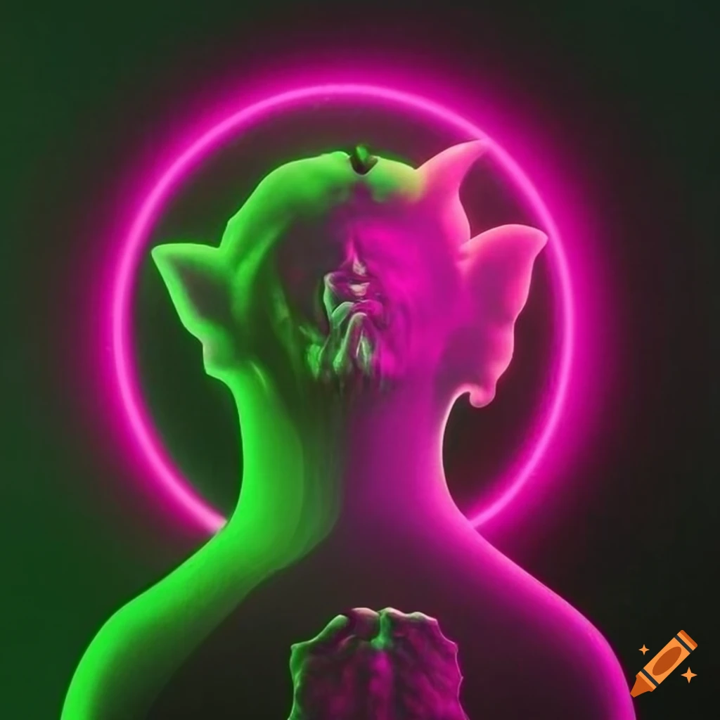 Max ernst neon magenta devil in green neon circle on black background ...