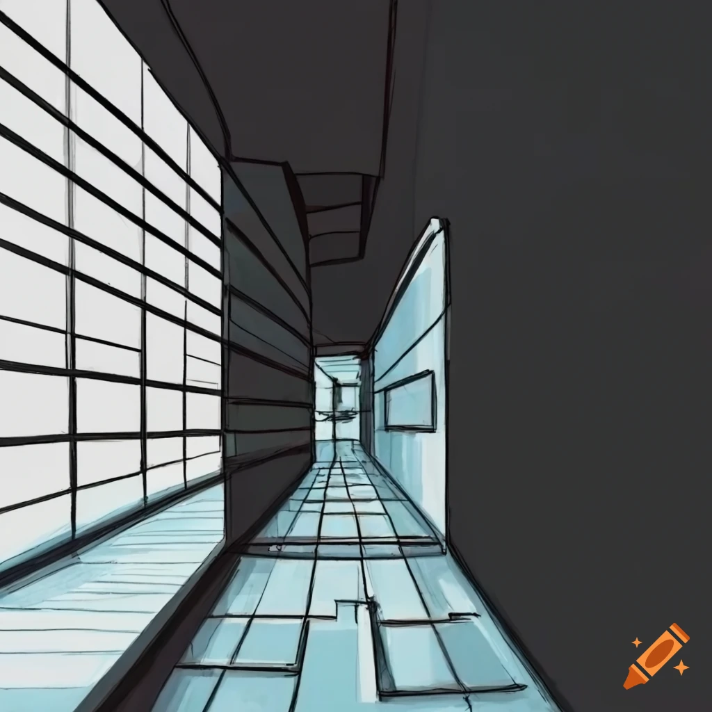 One point perspective of a building corridor on Craiyon