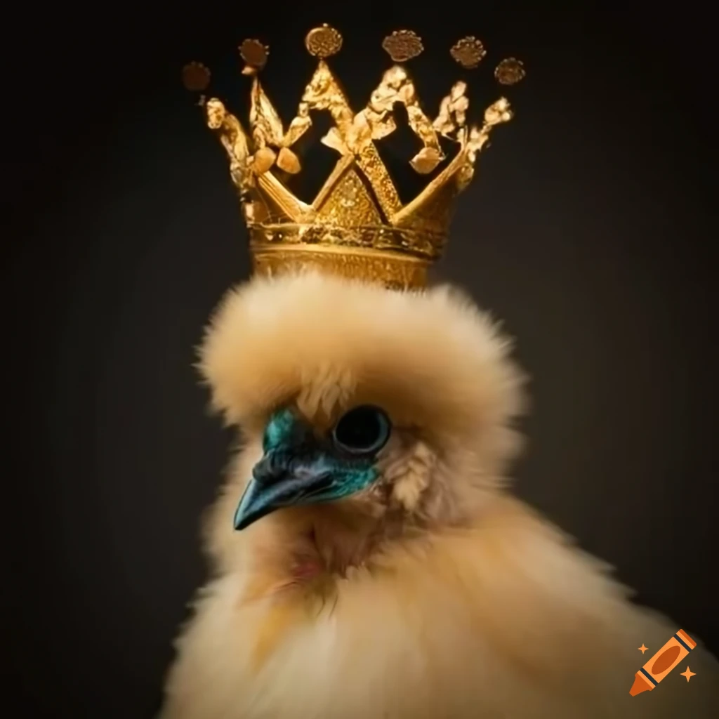 Silkie chicken wearing a crown on Craiyon