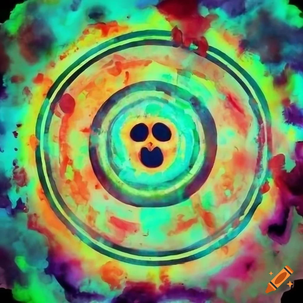 Neon yellow nuclear explosion cloud in green circle on black background ...