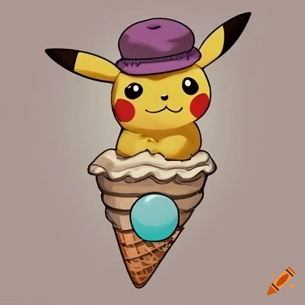 Cute pikachu enjoying an ice cream with a hat on Craiyon