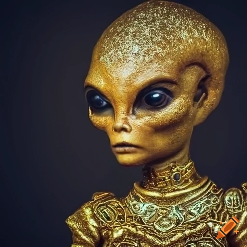 Tall beautiful alien with gilded golden hair and deep camera lens eyes ...