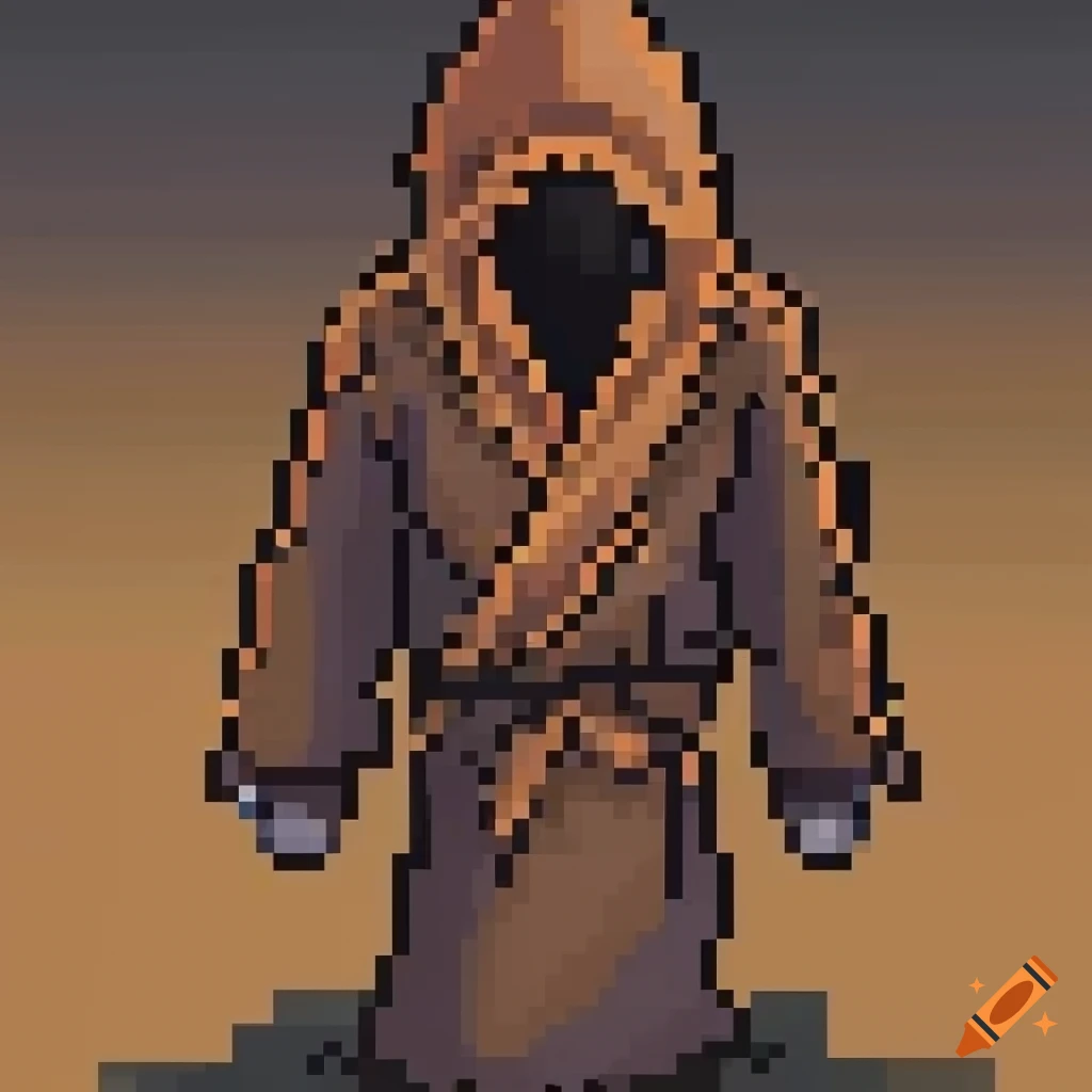 Pixel art of a post-apocalyptic mysterious man in a brown robe on Craiyon
