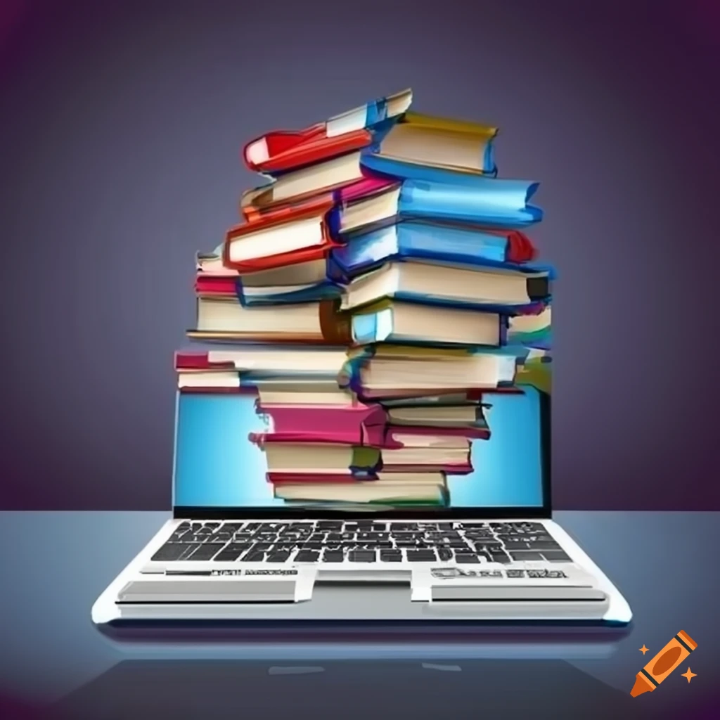 Illustration of books coming out of a laptop on Craiyon