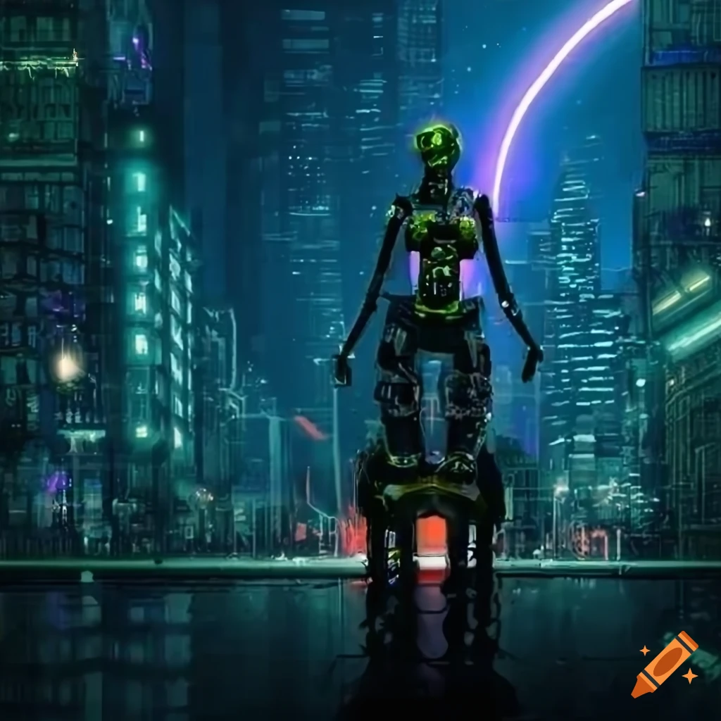 Distant cityscape with biopunk and cyberpunk elements on Craiyon