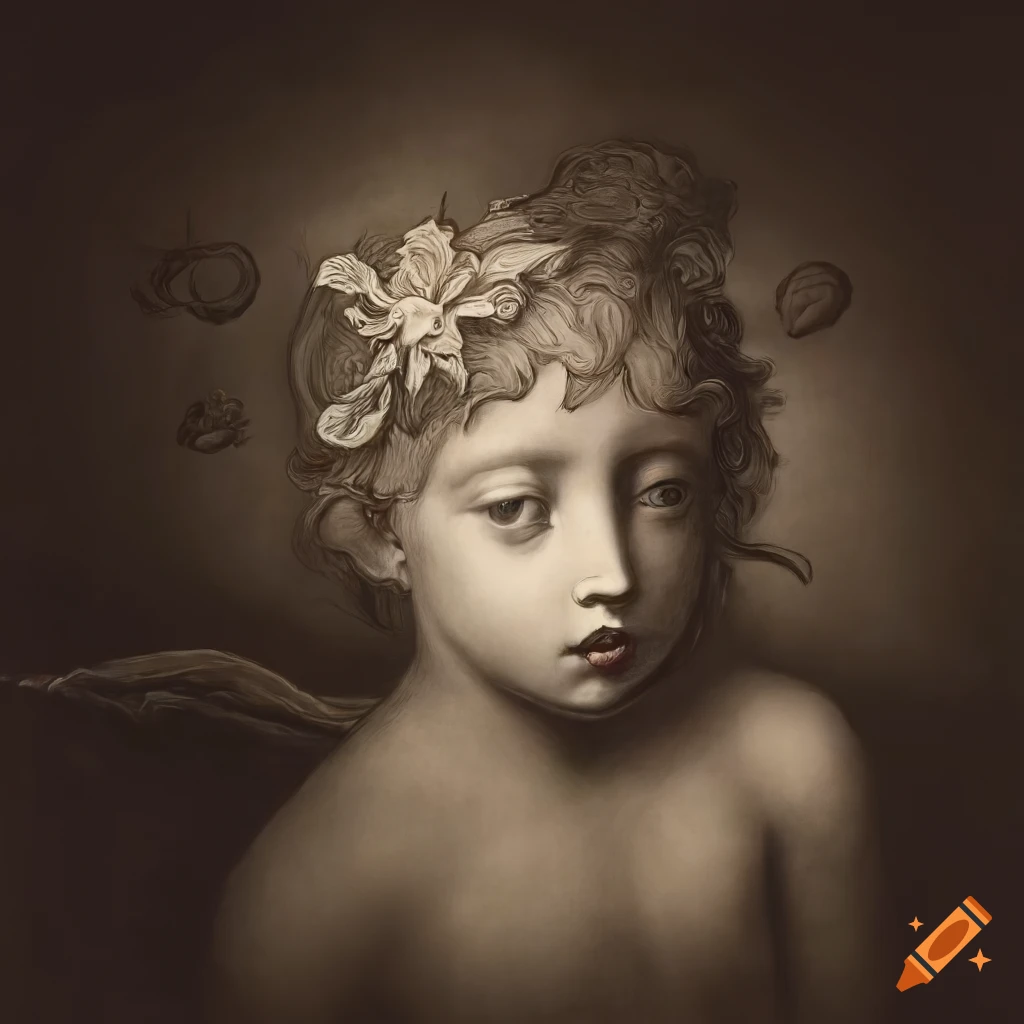 Baroque style mezzotint of a boy and fairy in Japan with fine detail on ...