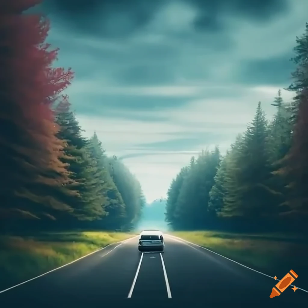 Car driving down country road surrounded by trees with heart-shaped ...