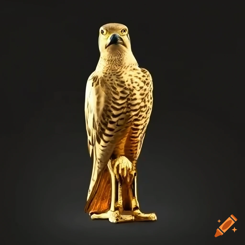 Realistic gold falcon statuette looking at the camera on Craiyon