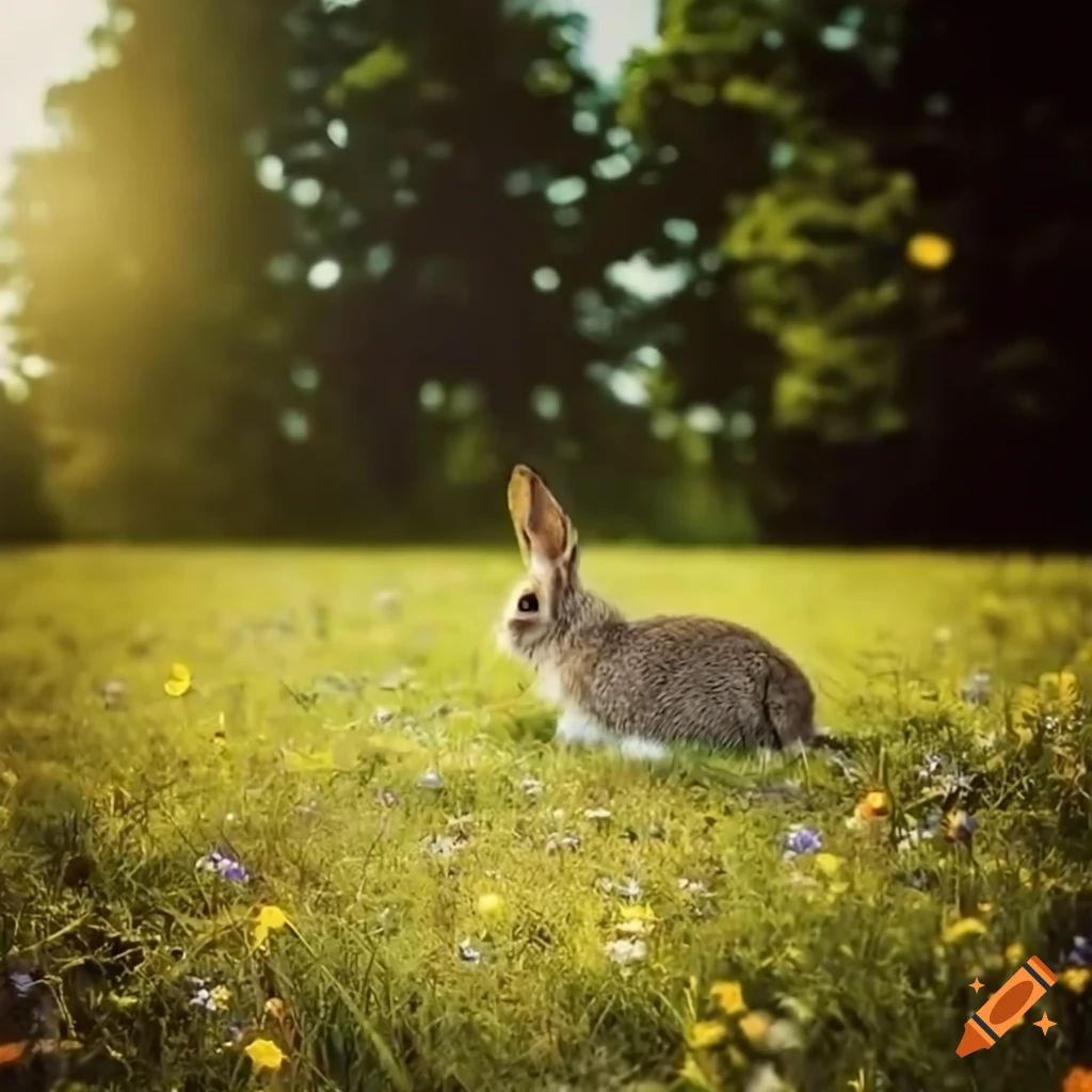 Relaxed rabbit in a wildflower meadow with oak trees on Craiyon