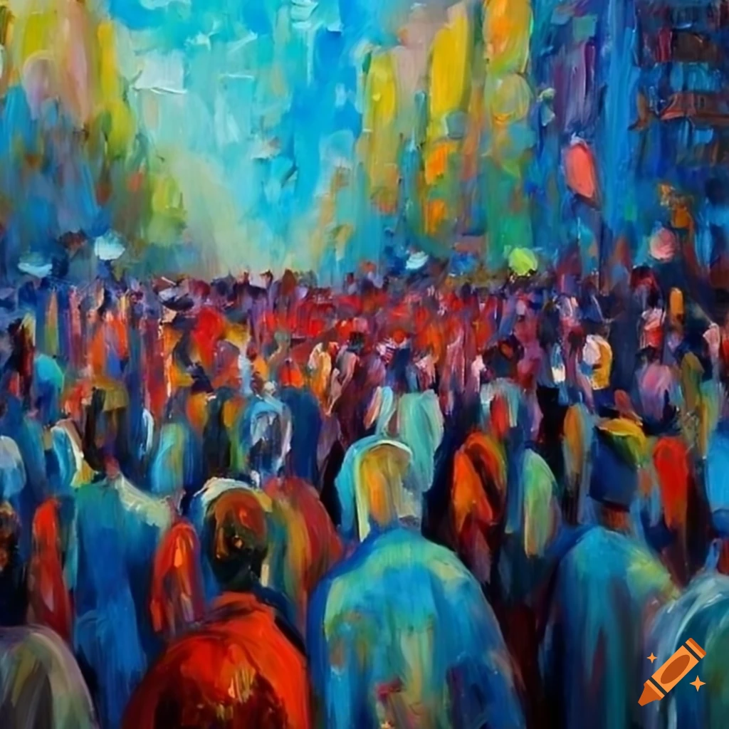 Expressive impressionist painting of a large crowd marching on Craiyon