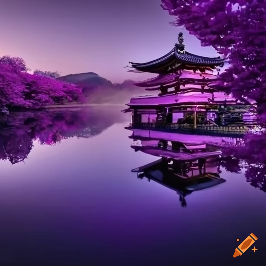 Japanese temple surrounded by water and cherry trees with purple hues ...