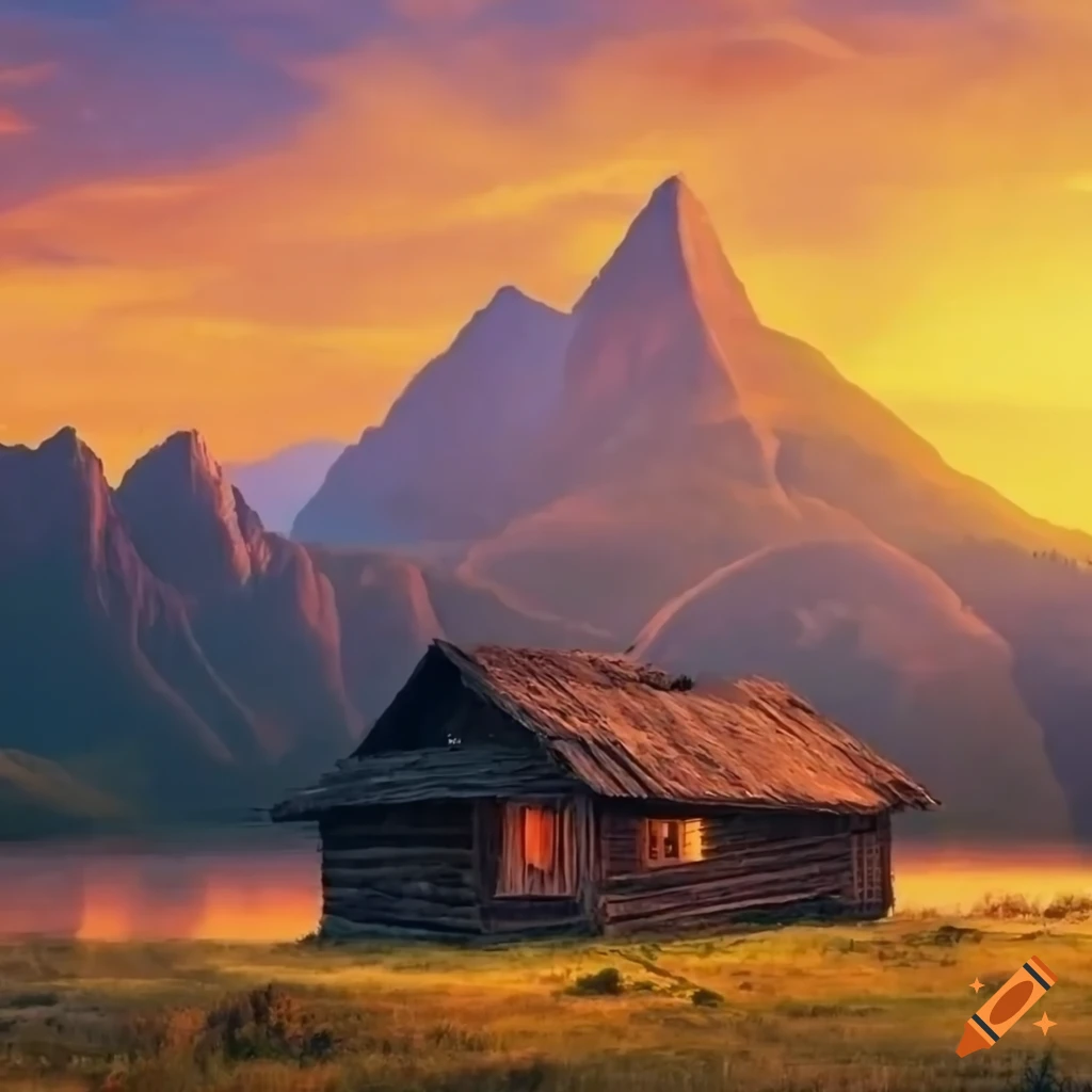 Wooden shack with shaded sunset and a huge mountain in the background ...