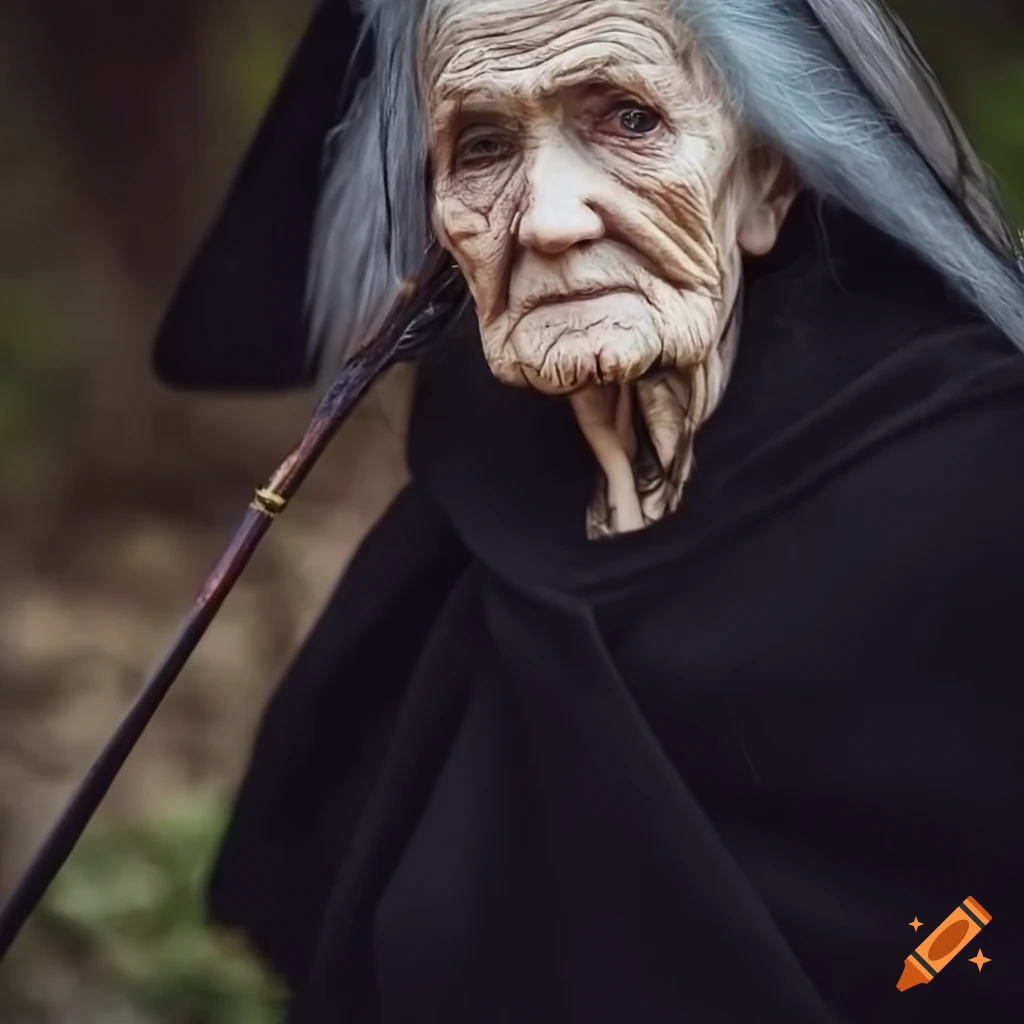 Mysterious witch with black eyes and grey hair in a village on Craiyon