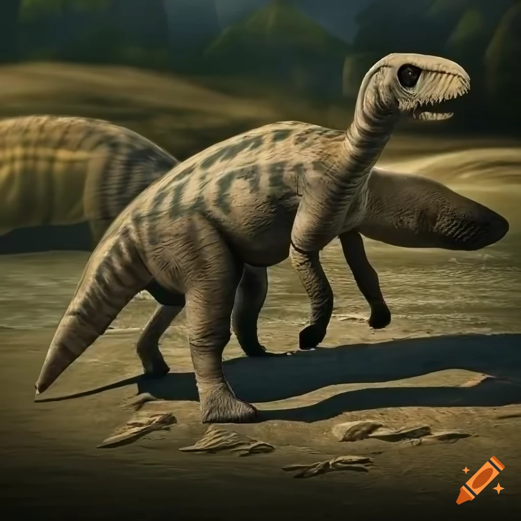 Accurate hadrosaurus dinosaur with motley color pattern in warm morning ...