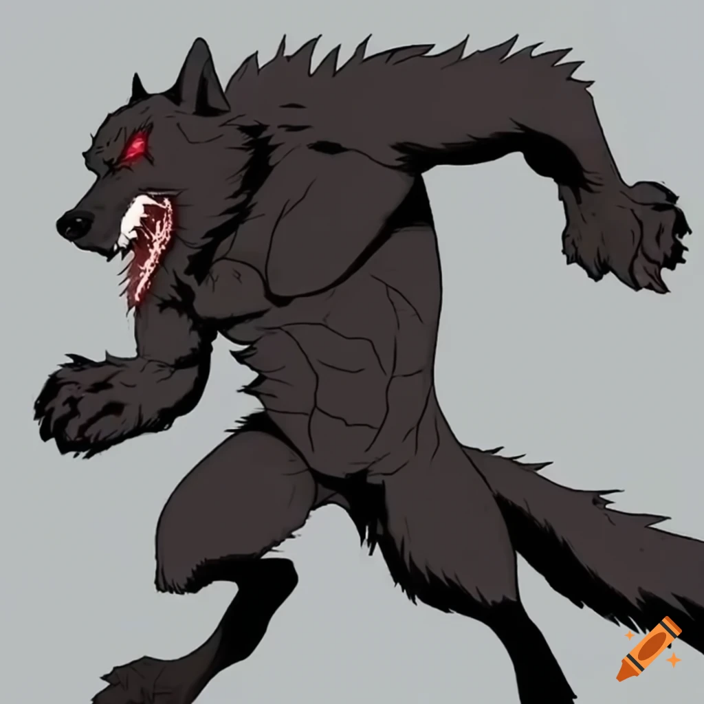 Majestic werewolf with black fur and red eyes in a fighting stance on ...