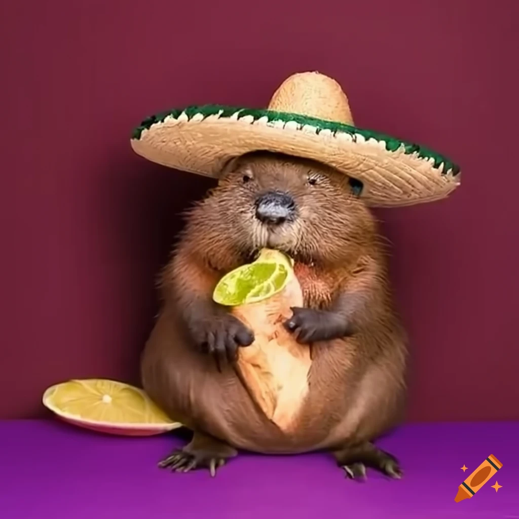 Cheerful beaver in a sombrero enjoying tacos on Craiyon