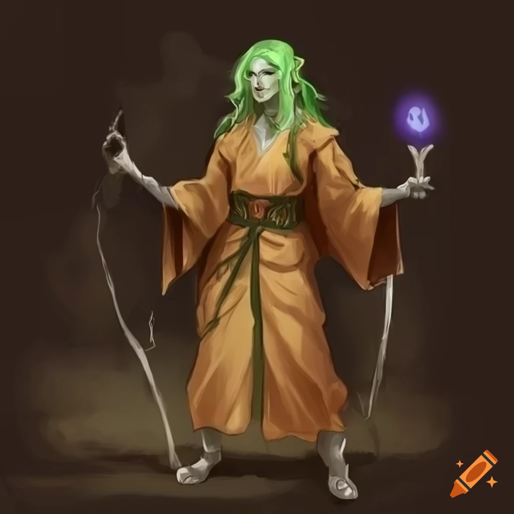 DnD earth genasi with green hair, purple eyes, and tan skin in Shaolin ...
