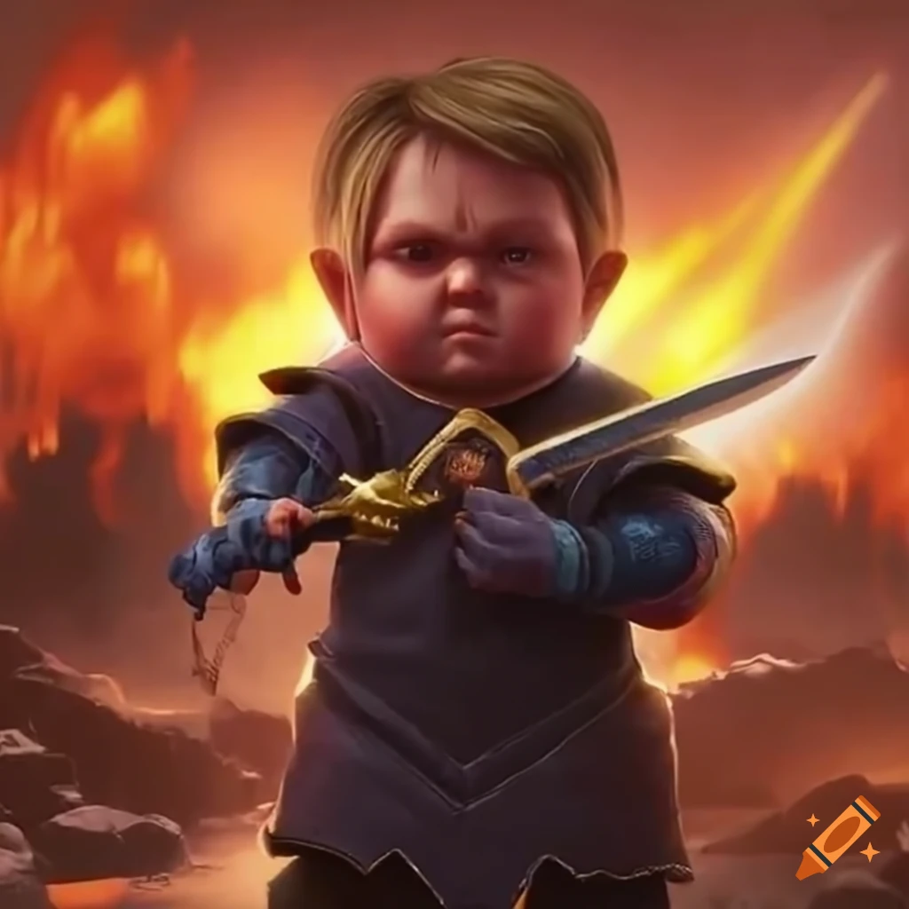 Hasbulla holding the master sword amidst explosions on Craiyon