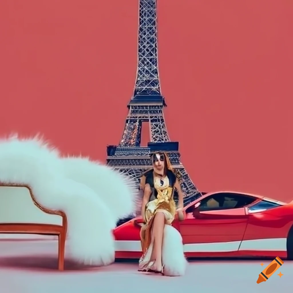 Stylish woman with sunglasses and fur lounging on a red Ferrari in ...