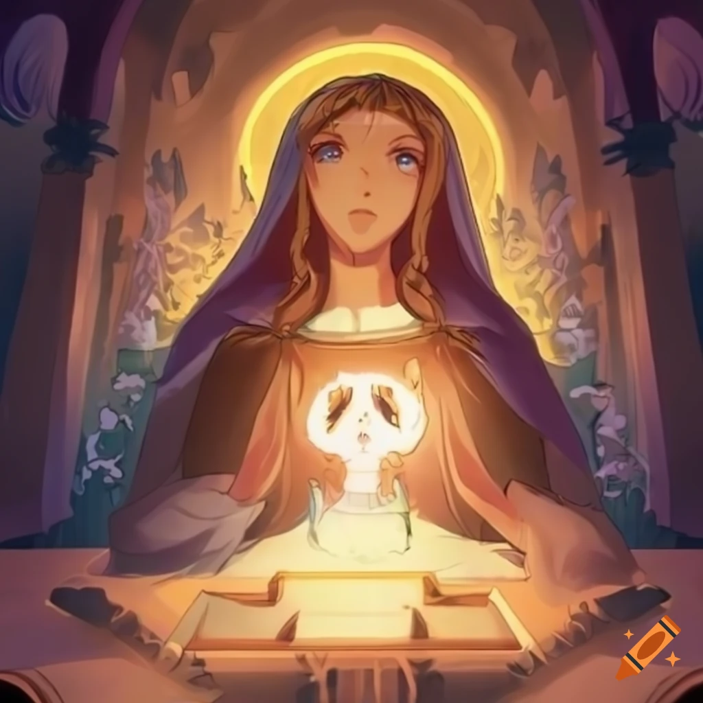 Beautiful religious artwork in anime style for a sanctuary on Craiyon