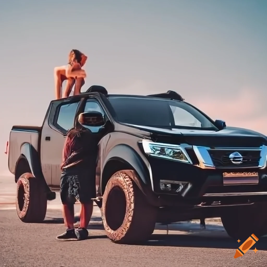 Young man and woman with a modified black nissan navara by the airport runway on Craiyon