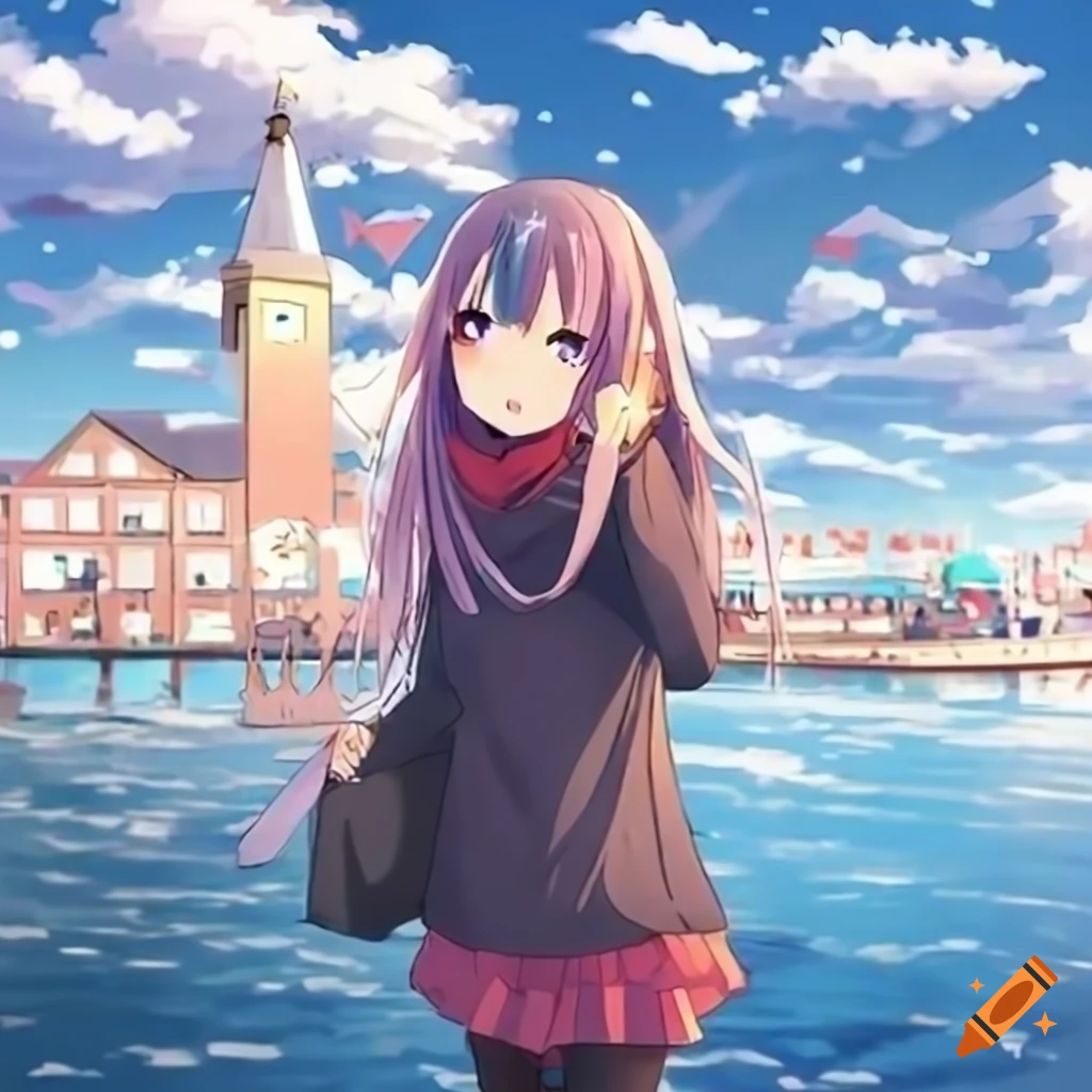 Anime girl nadeshiko kagamihara walking at the water's edge of a harbor ...