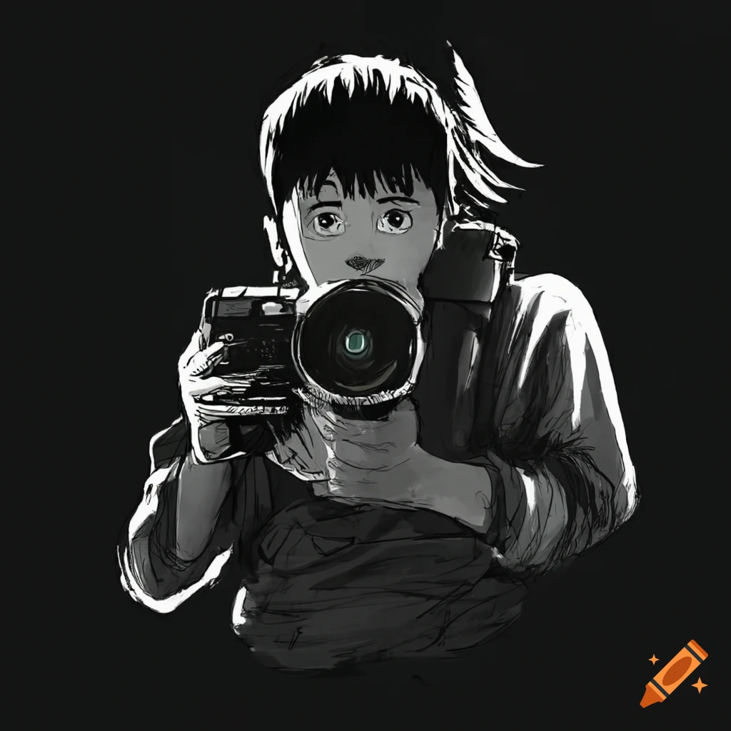 Minimal drawing of Akira with a movie camera in Ghibli style on Craiyon