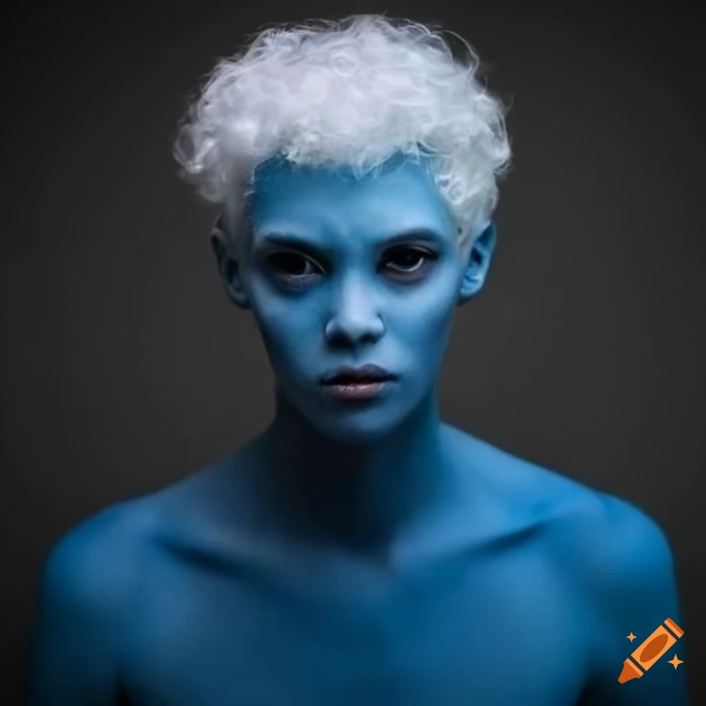 Blue-skinned humanoid alien man with pointed ears and white curly hair ...