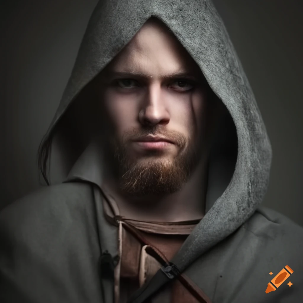 Medieval rogue with hood, brown eyes, and black shaved beard on Craiyon