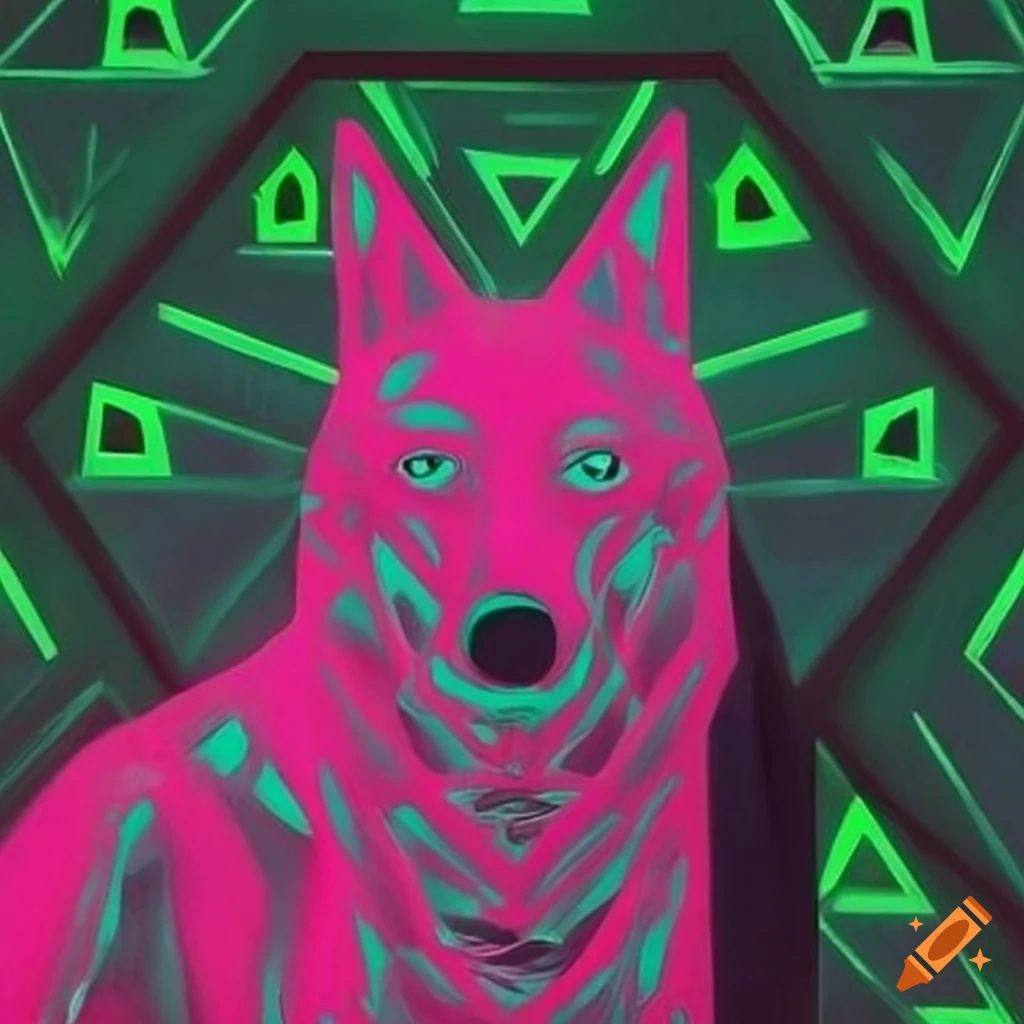 Neon magenta wolf surrounded by green neon triangle on black background ...