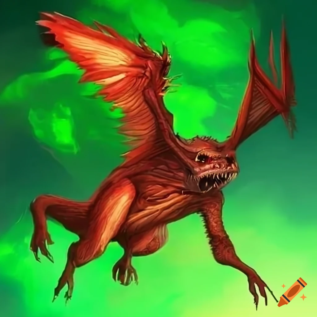 Flying monster with bright green and red patches on Craiyon