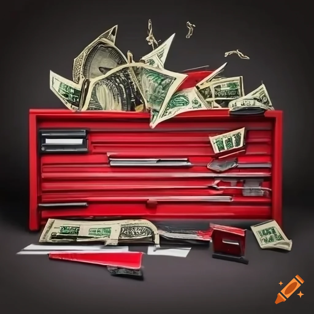 Red craftsman toolbox filled with bills, spreadsheets, charts, and ...