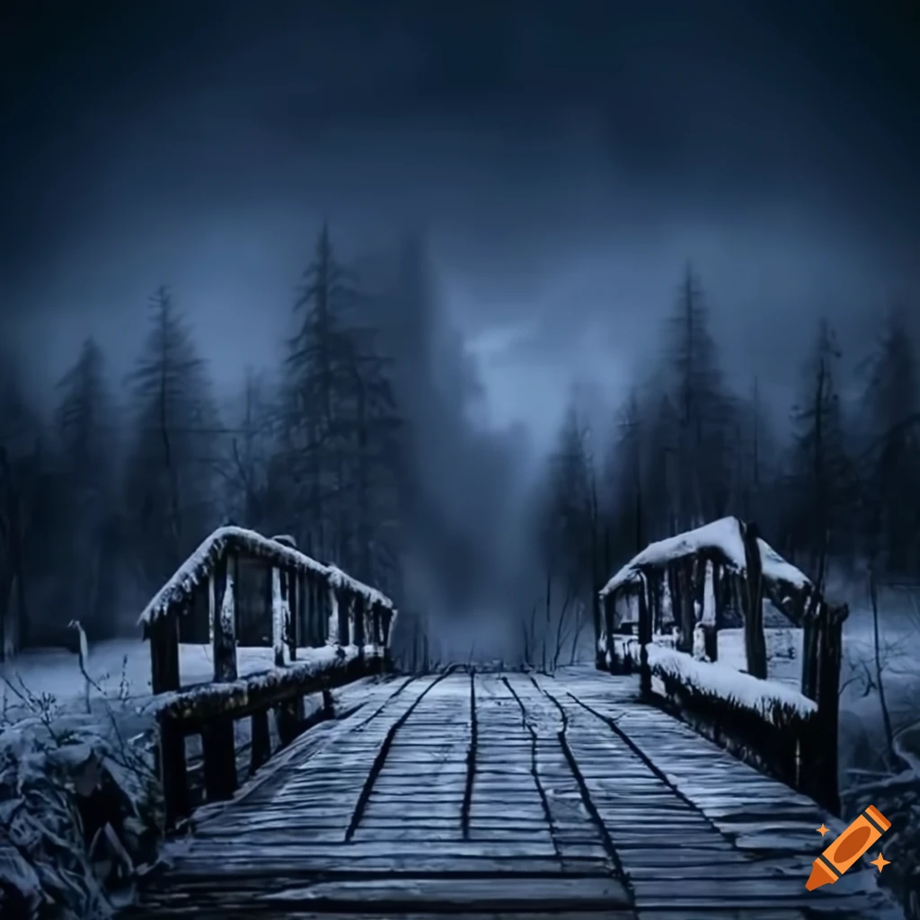 Creepy winter scene at night with wooden bridge and old truck on Craiyon