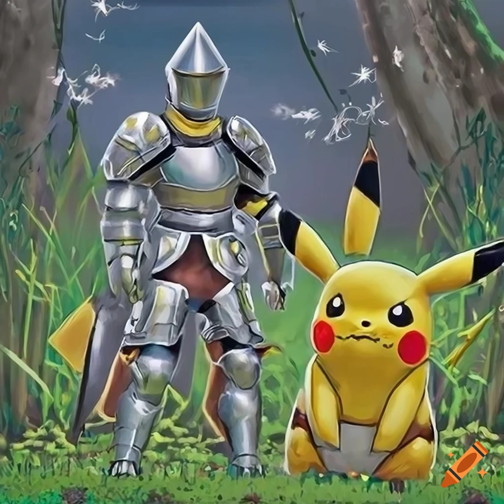Pikachu in silver knight armor standing in grassy foreground with ...
