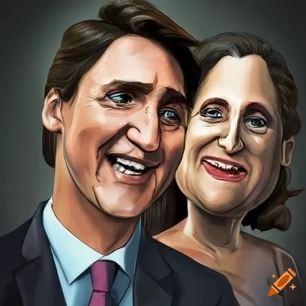 Cartoon of justin trudeau and chrystia freeland smiling smugly on Craiyon