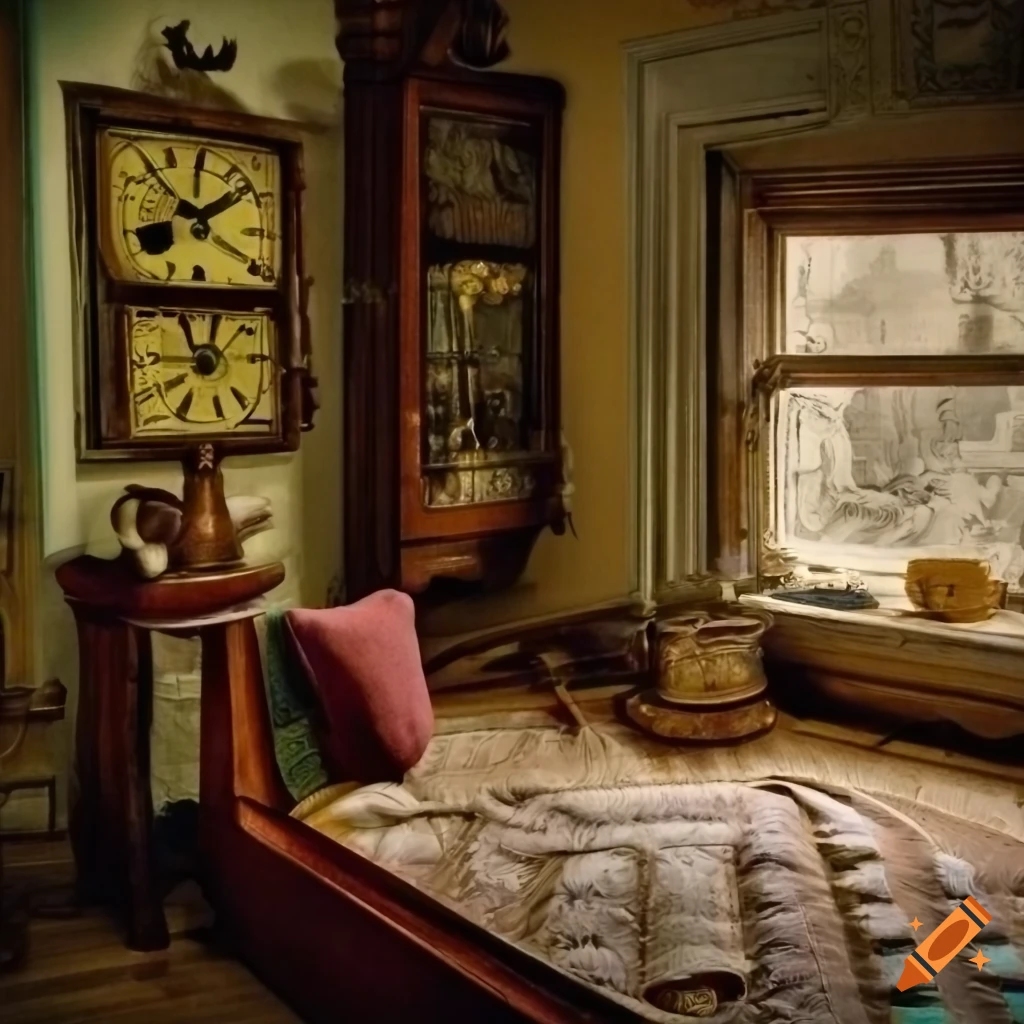 Shabby little room with old-fashioned clock and worn-out bed on Craiyon