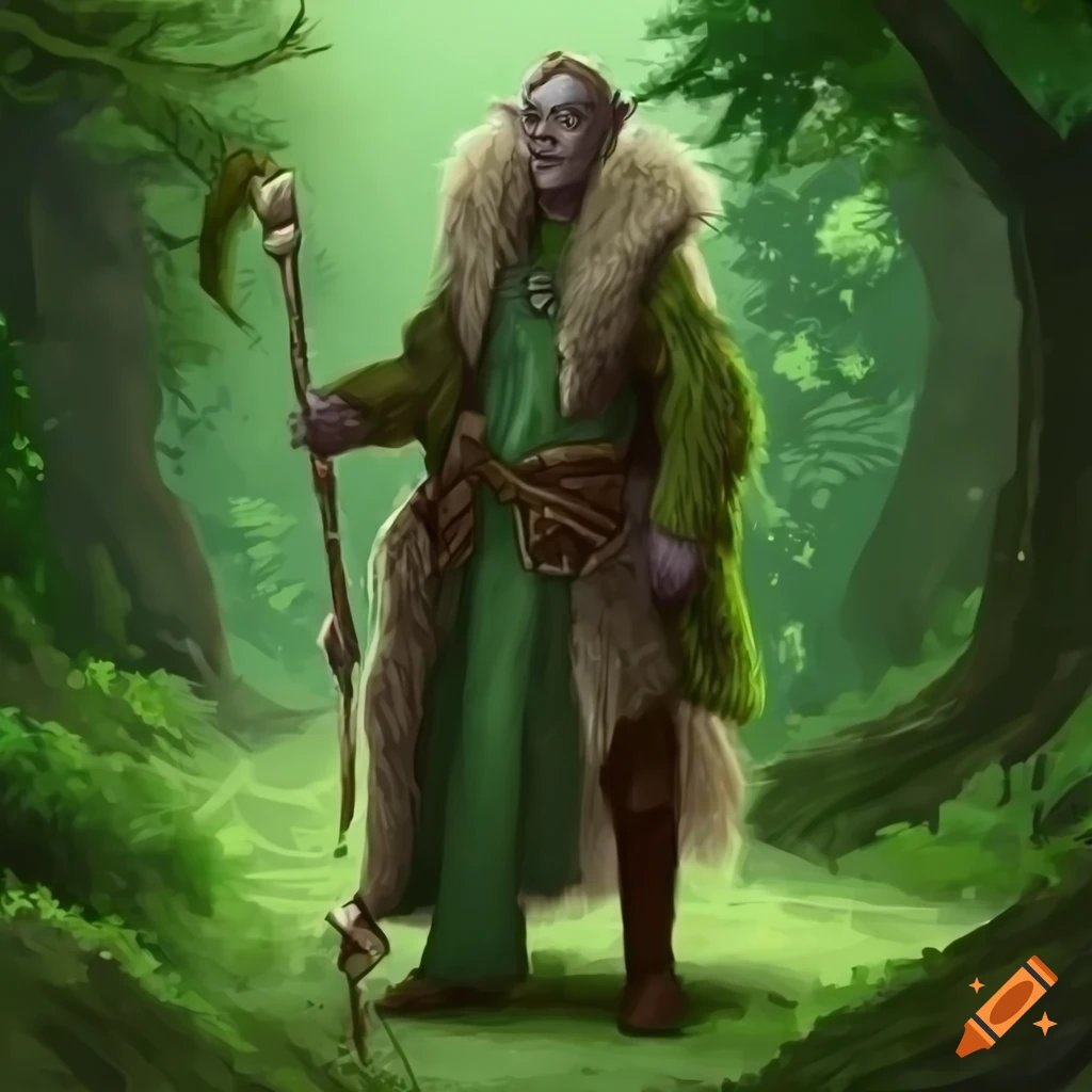 Earth genasi druid with fur coat and gnarly staff in a green forest on ...