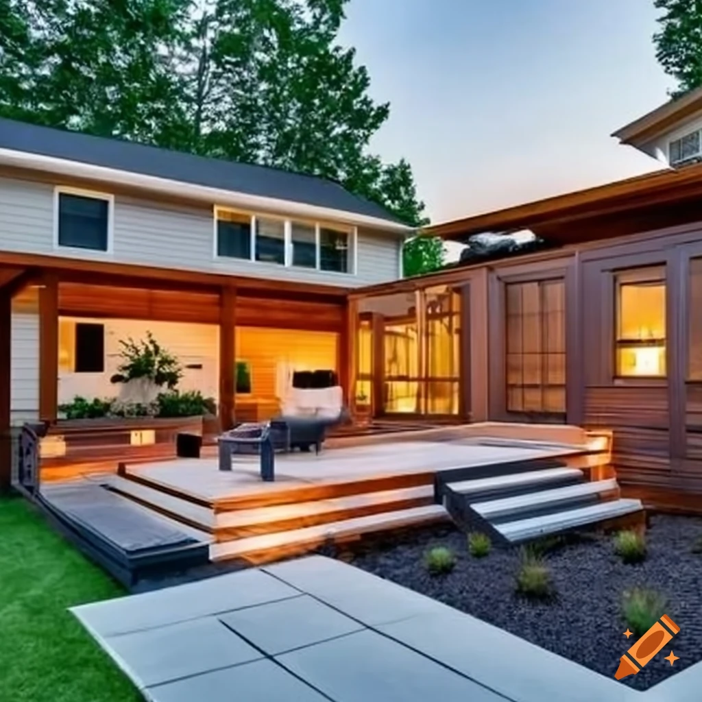 Stunning modern backyard with large deck and beautiful landscape for ...