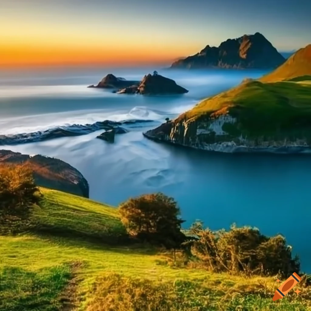 Pays basque landscape with sea and mountains on Craiyon