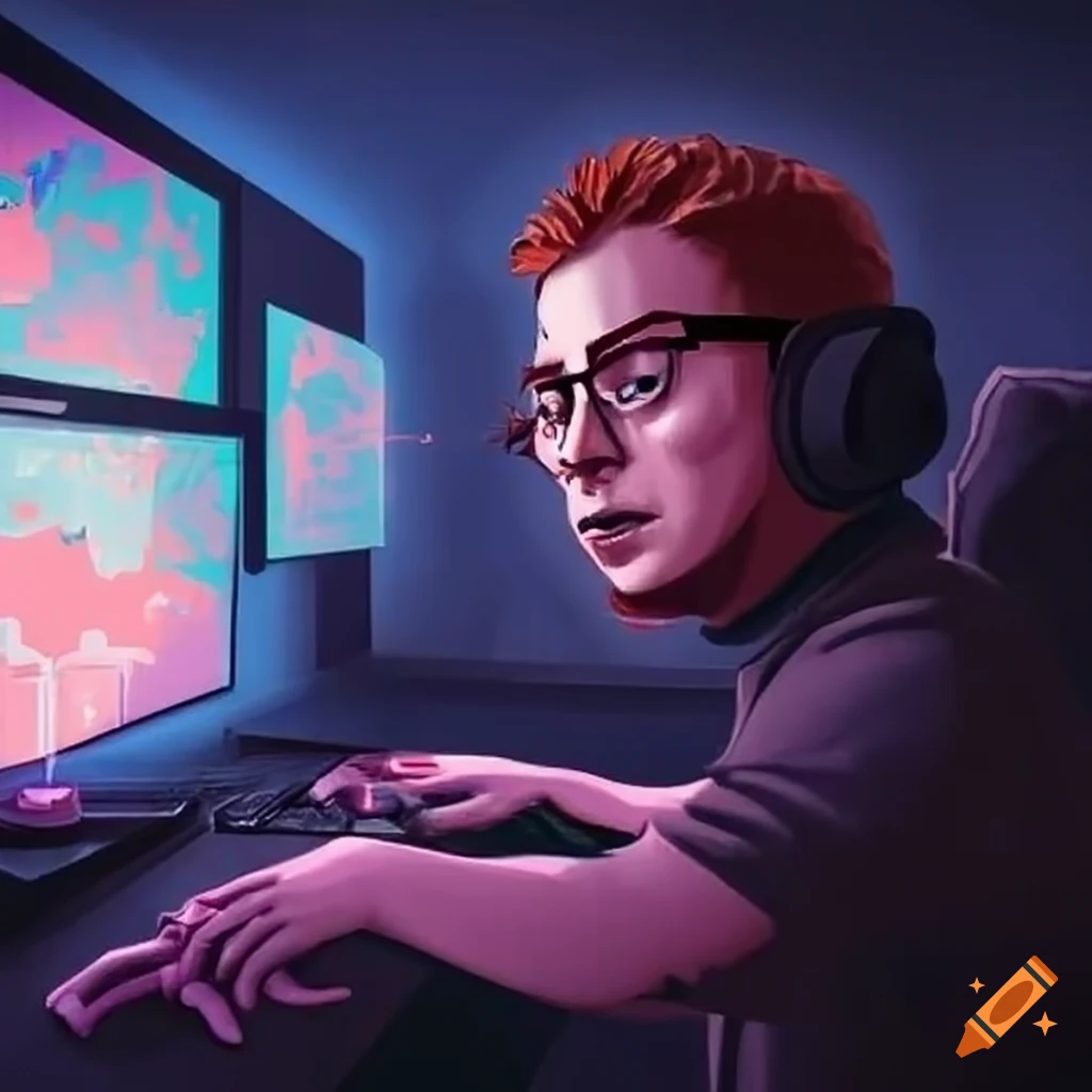 Indie game developer in a basement on Craiyon