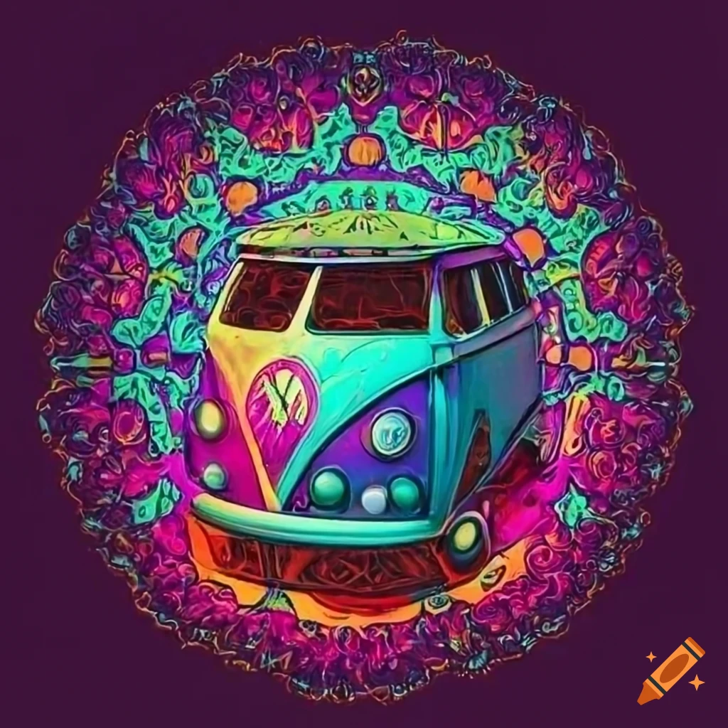 Vibrant logo with psychedelic vw bus and mandala design on Craiyon