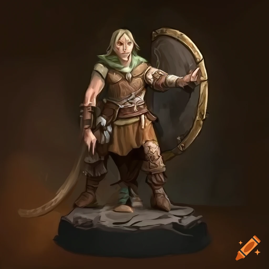 Male elf druid with a scimitar and wooden shield in DND style on Craiyon