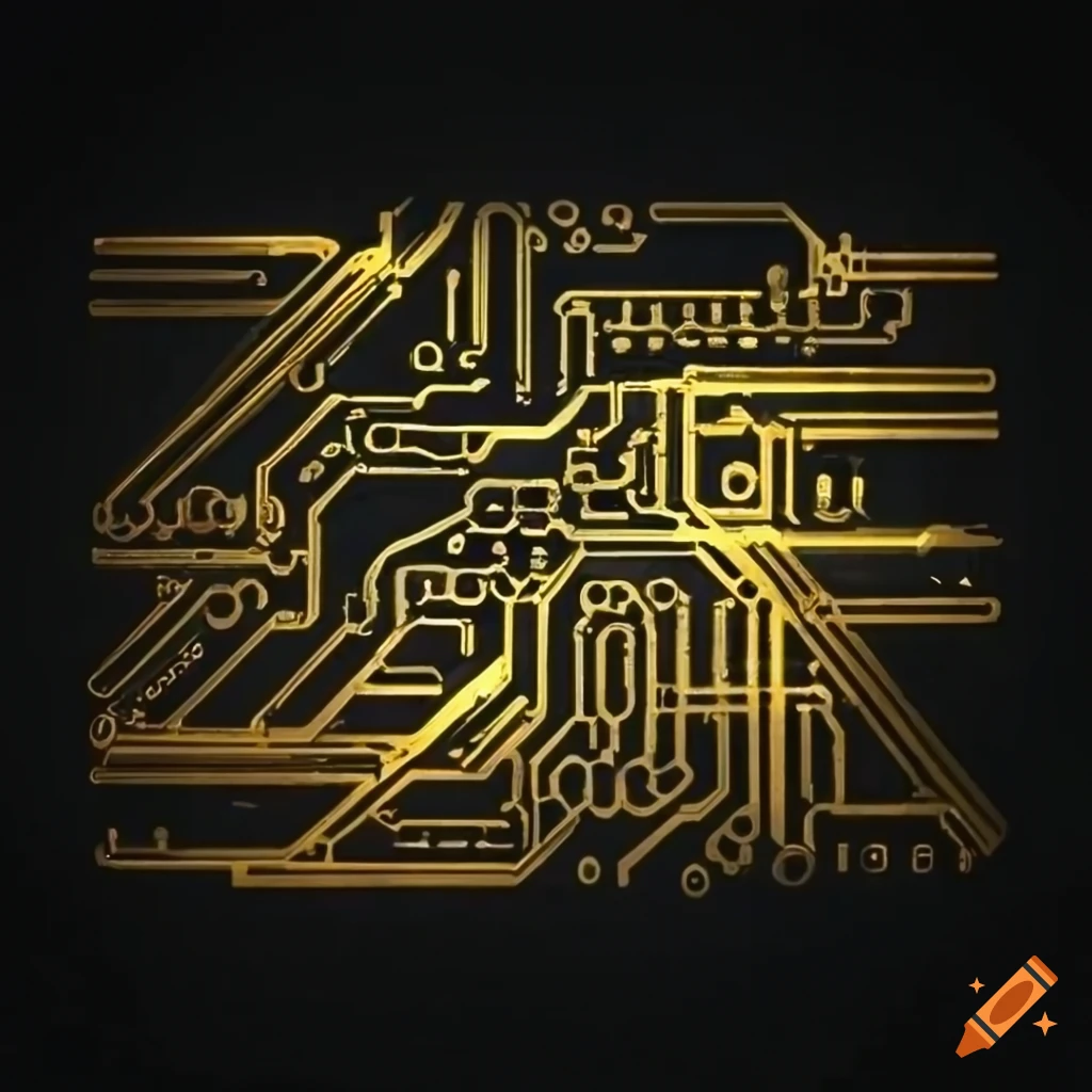 Futuristic circuit board doodles in black and gold on Craiyon