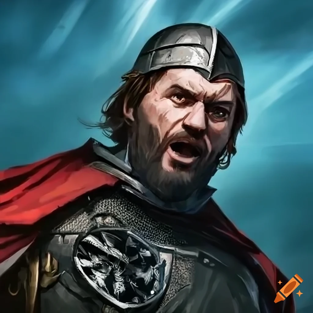 Medieval commander yelling and looking at the sky on Craiyon