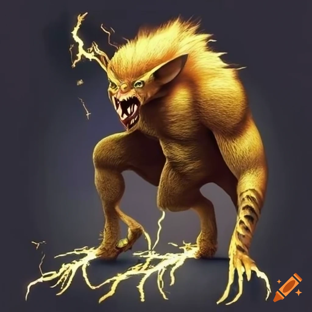 Humanoid beast with golden fur and lightning-shaped markings on Craiyon