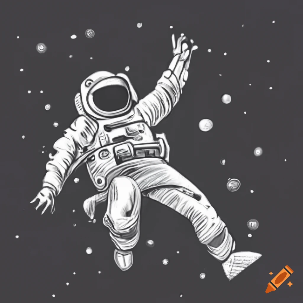 Astronaut falling backwards in space in a black and white close-up on ...