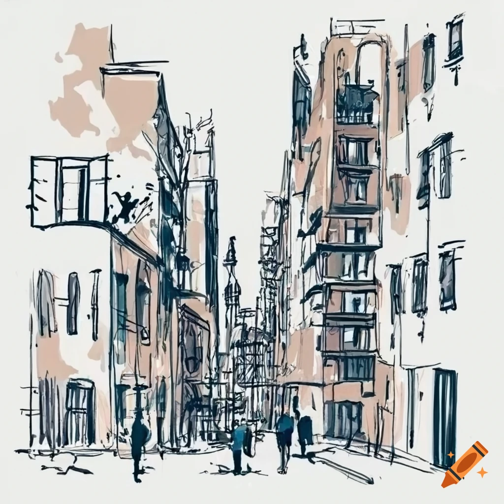 Sketch of a street with short buildings and people walking depicting ...