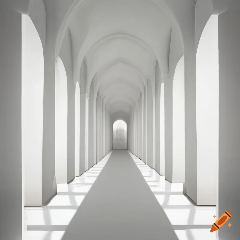Symmetrical clean white arched hallway on Craiyon